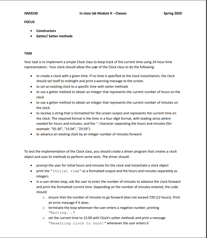 ISM3230 In-class lab Module 9 - Classes Spring 2020 | Chegg.com