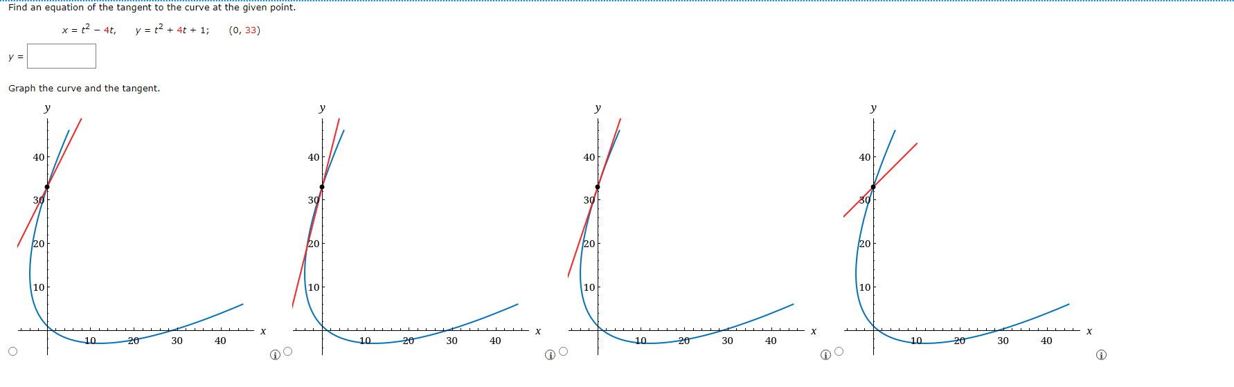 Solved x=t2−4t,y=t2+4t+1;(0,33 y= Graph the curve and the | Chegg.com