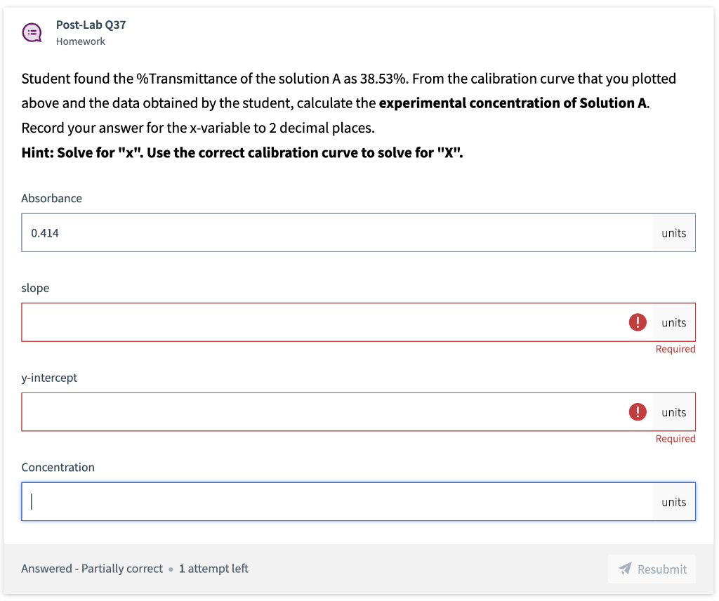 Student found the \%Transmittance of the solution A | Chegg.com