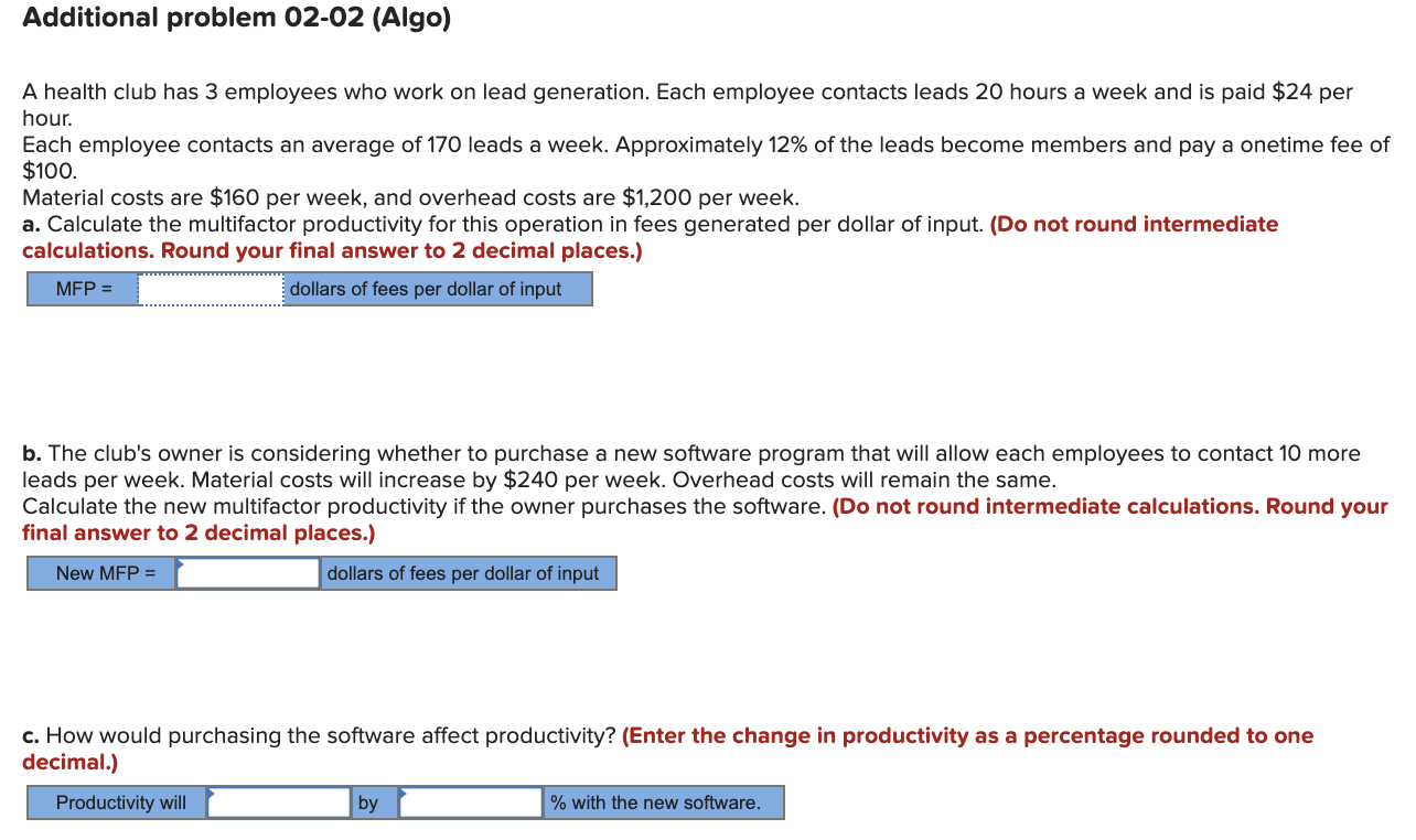 Solved Additional problem 02-02 (Algo) A health club has 3 | Chegg.com