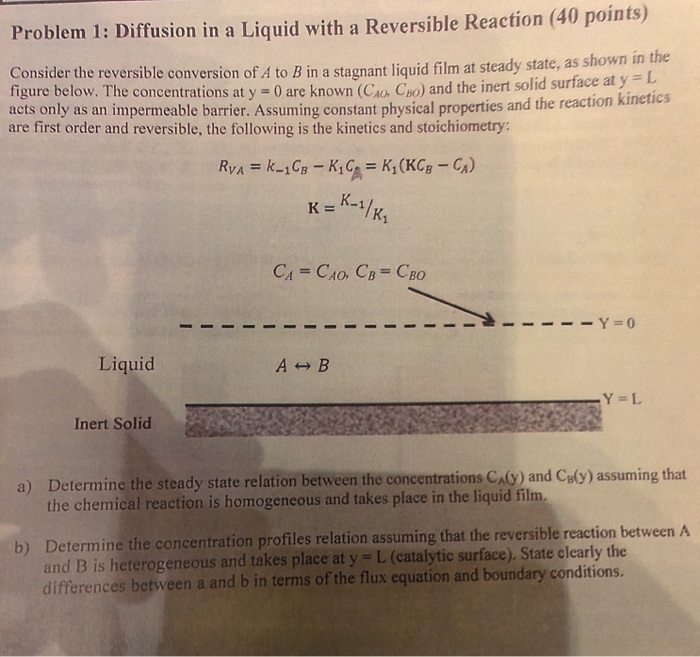 Solved Problem 1: Diffusion in a Liquid with a Reversible | Chegg.com