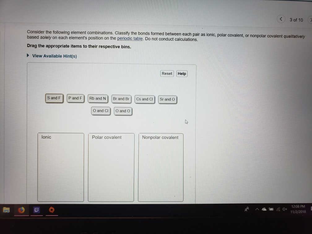 Solved 3 of 10 Consider the following element combinations. | Chegg.com
