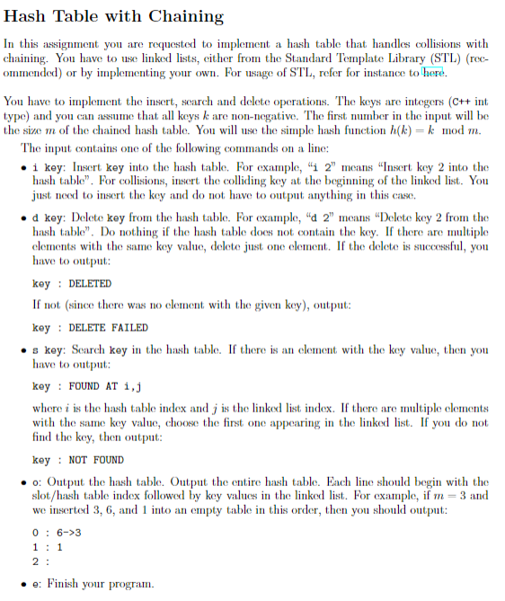Solved Hash Table with Chaining In this assignment you are | Chegg.com
