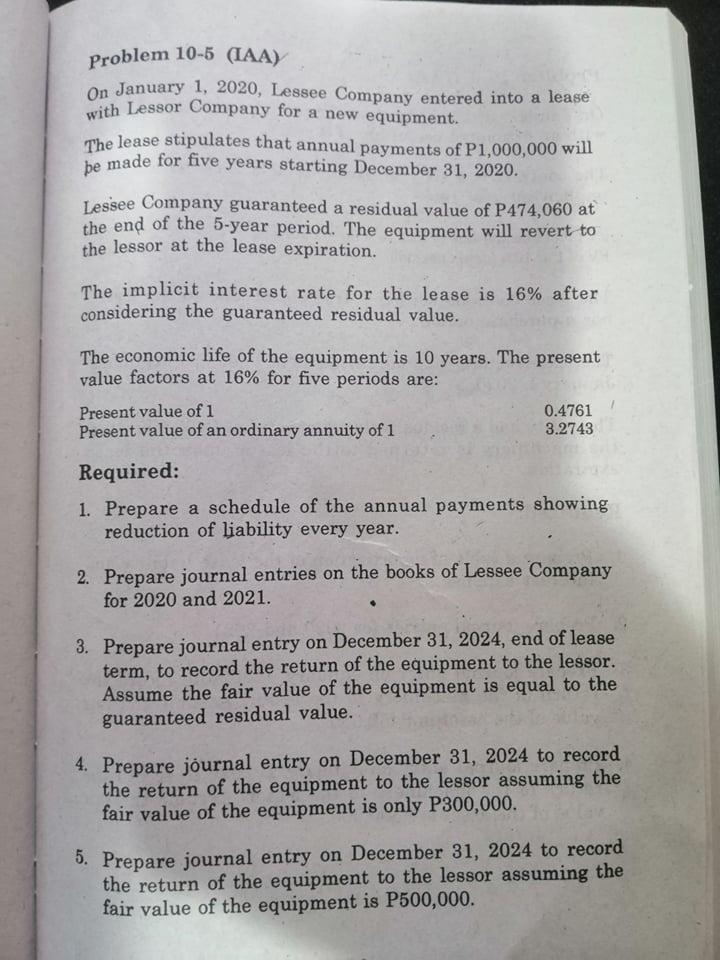 Solved Problem 10-5 (IAA) On January 1, 2020, Lessee Company | Chegg.com
