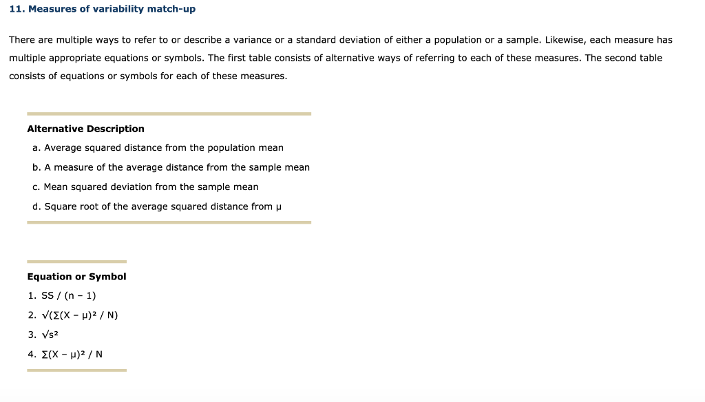 Solved 11. Measures of variability match-up There are | Chegg.com