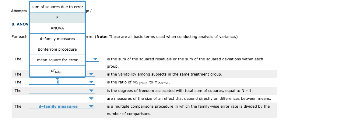 Solved 8. ANOVA terms For each definition, choose the | Chegg.com