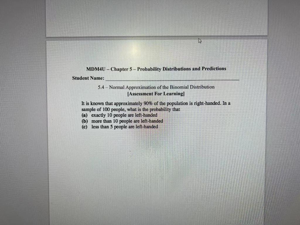 Solved MDM4U - Chapter 5 - Probability Distributions and | Chegg.com