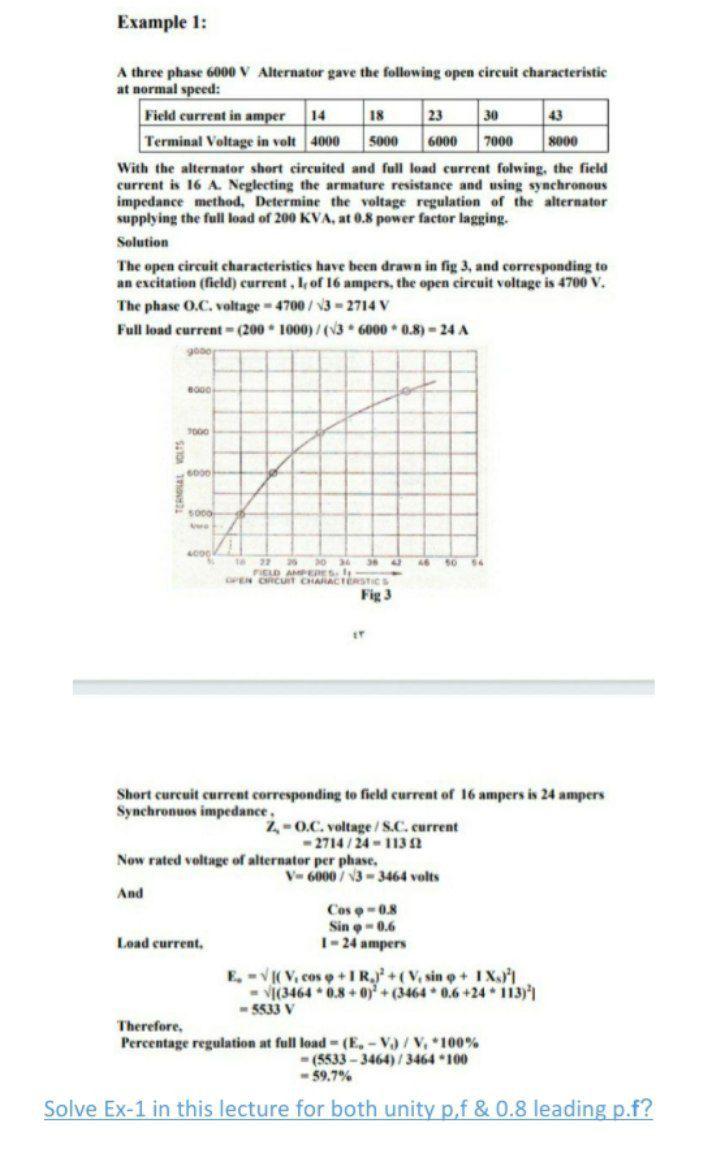 Solved Example 1: A three phase 6000 V Alternator gave the | Chegg.com