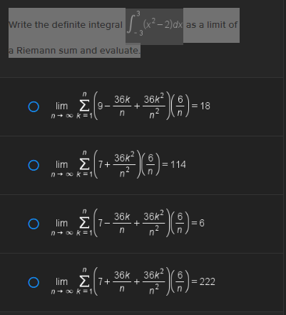 Solved Write the definite integral ∫−33(x2−2)dx as a limit | Chegg.com