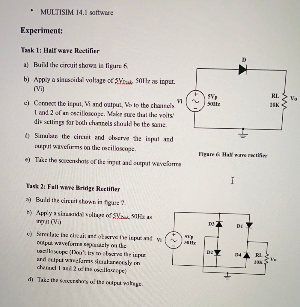 Solved MULTISIM 14.1 software Experiment: Task 1: Half wave | Chegg.com