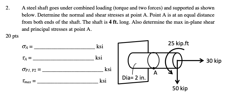 Solved 2. A steel shaft goes under combined loading (torque | Chegg.com