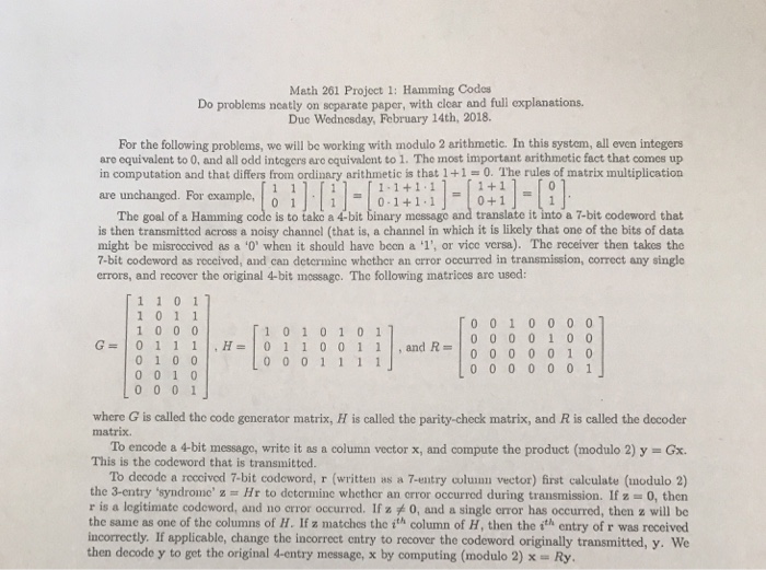 Solved Math 261 Project 1: Hamming Codes Do problems ncatly | Chegg.com