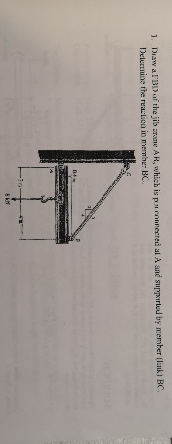 Solved 1. Draw a FBD of the jib crane AB, which is pin | Chegg.com