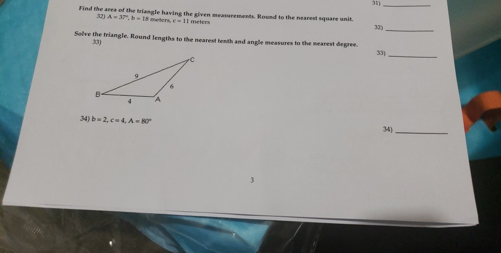 Solved 31) Find the area of the triangle having the given | Chegg.com