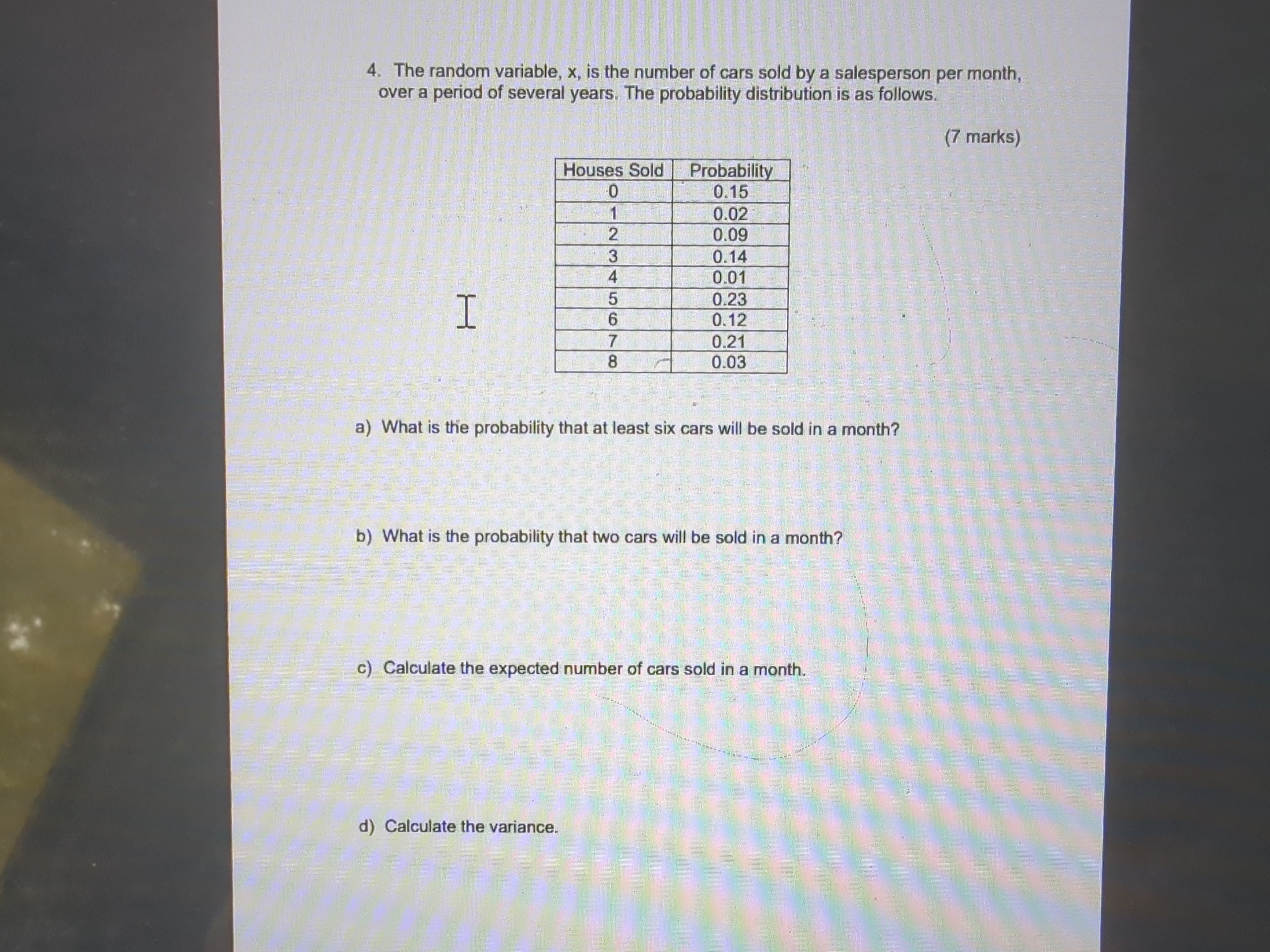 Solved 4. The random variable, x, is the number of cars sold | Chegg.com