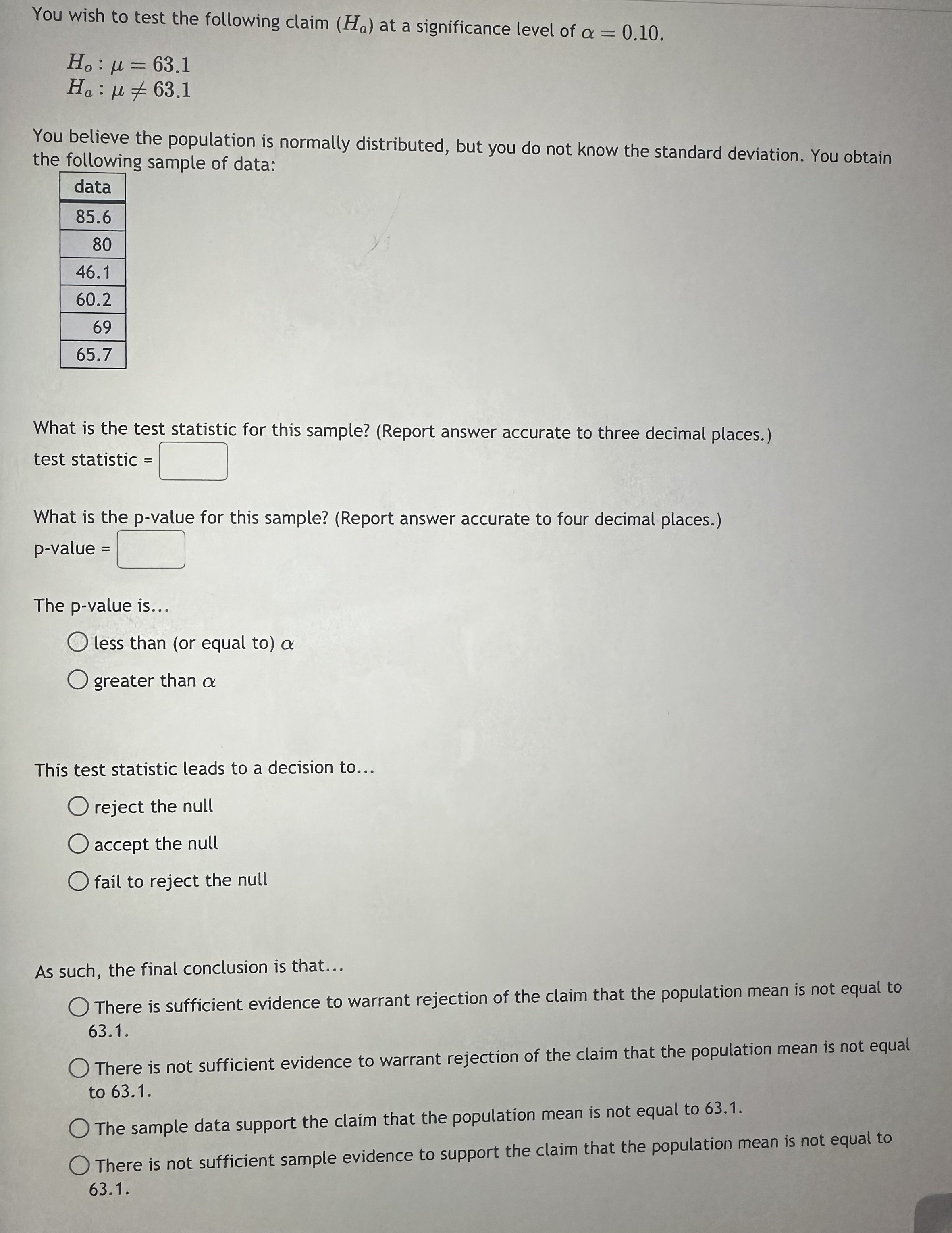 Solved You wish to test the following claim (Ha) ﻿at a | Chegg.com