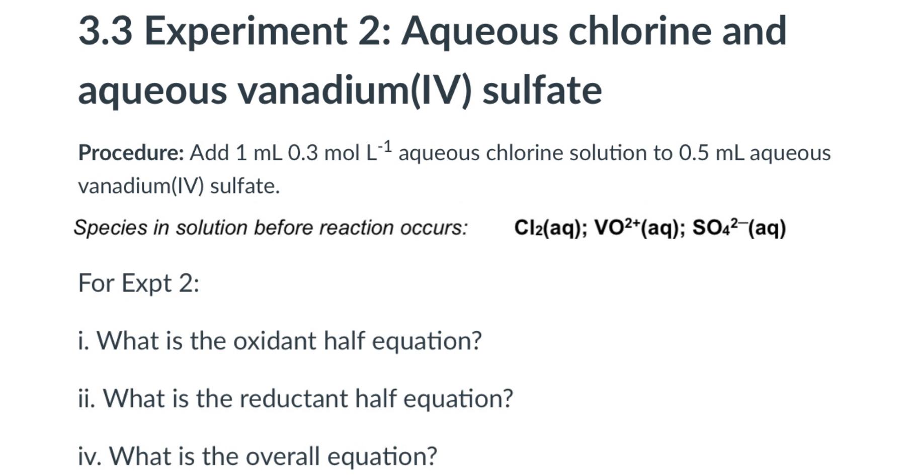 Solved 3.3 Experiment 2: Aqueous chlorine and aqueous | Chegg.com