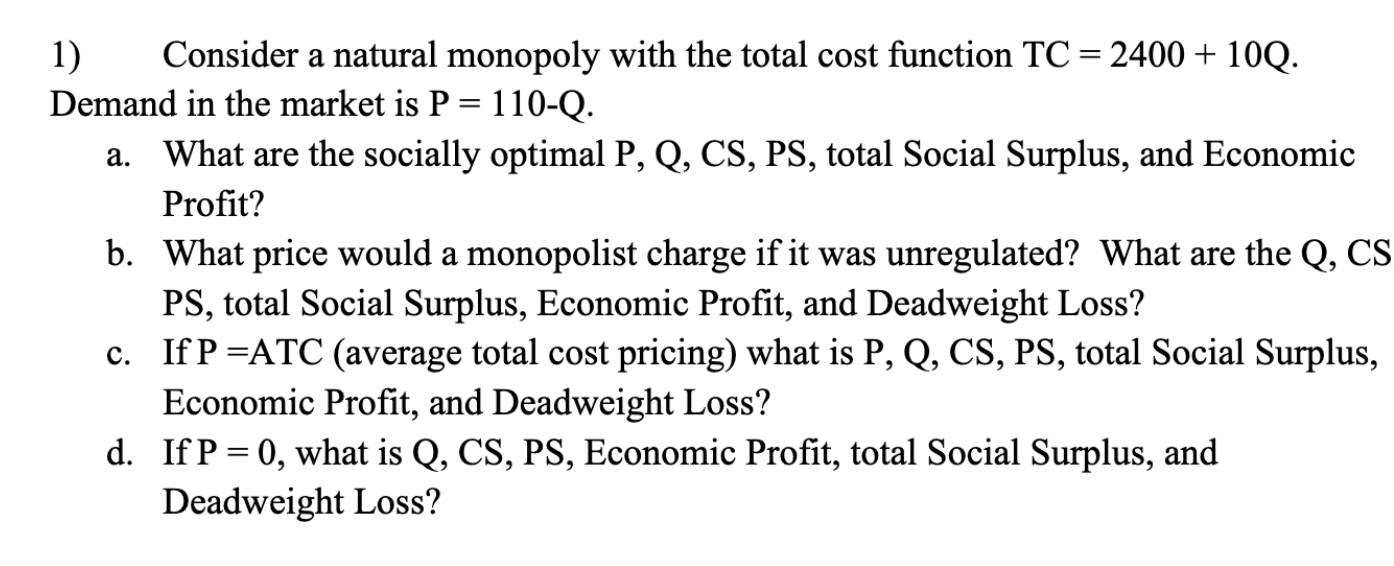 Solved 1) Consider a natural monopoly with the total cost | Chegg.com