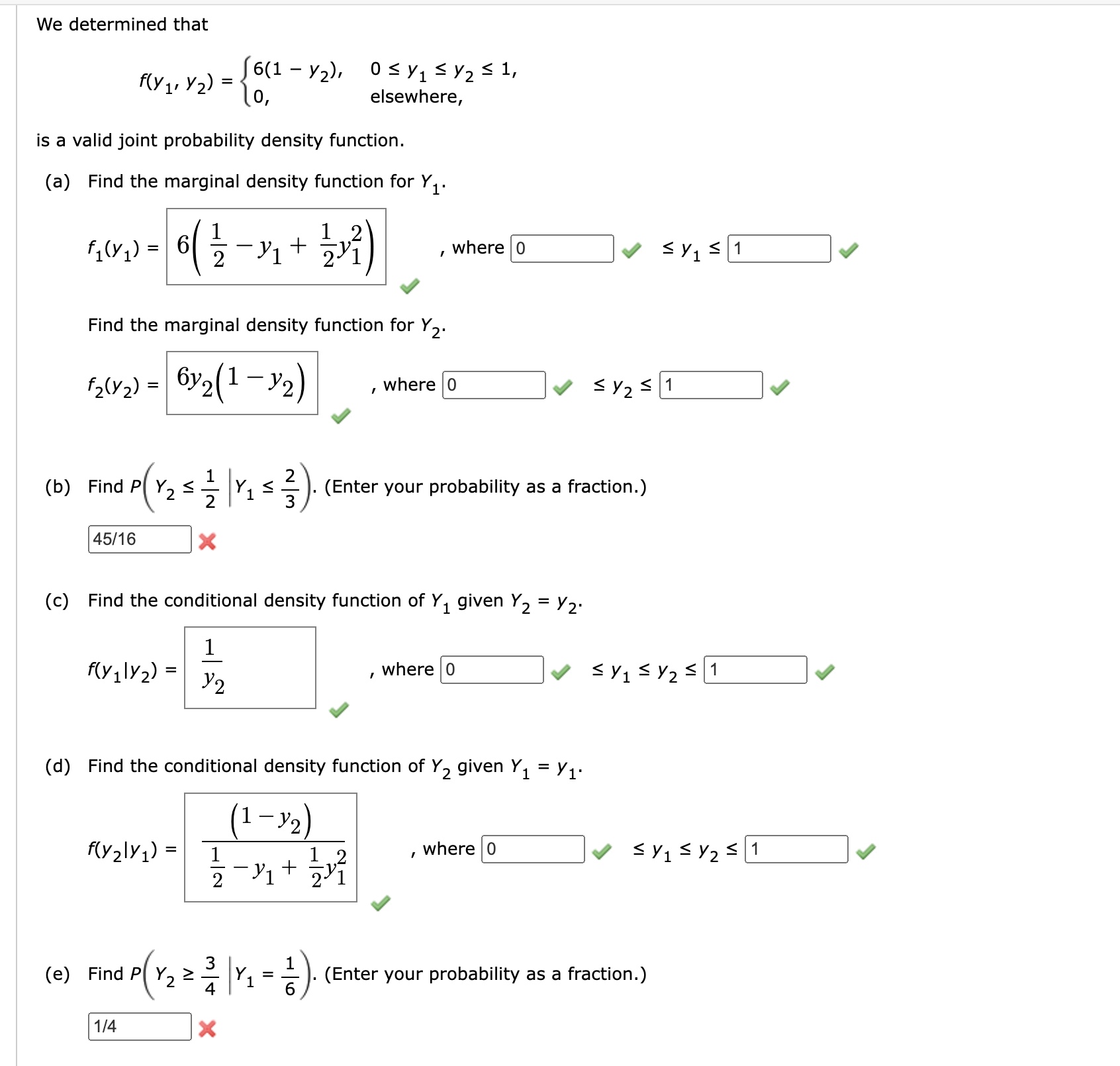 Solved We determined that f(y1,y2)={6(1−y2),0,0≤y1≤y2≤1, | Chegg.com