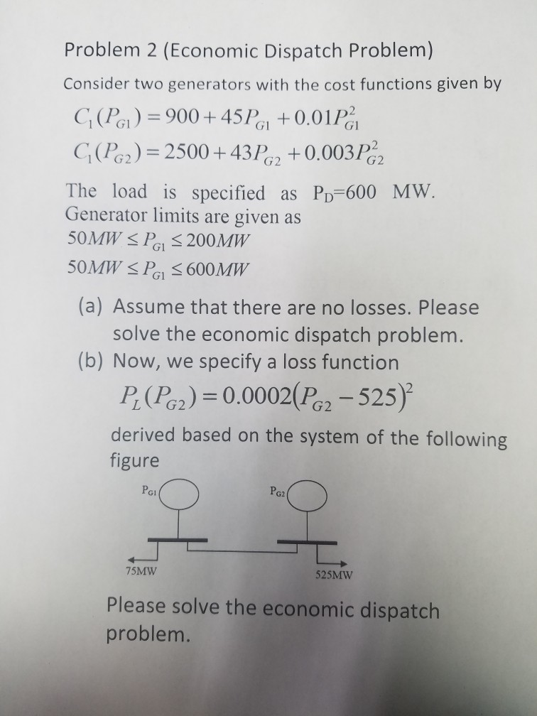 Solved Problem 2 (Economic Dispatch Problem) Consider two | Chegg.com