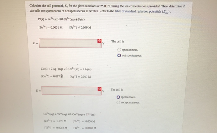 Solved Calculate The Cell Potential E For The Given