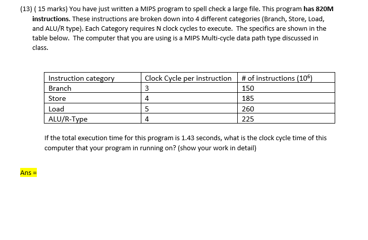 Solved (13) ( 15 marks) You have just written a MIPS program | Chegg.com