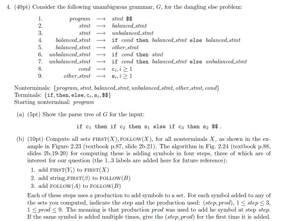 Solved 4. (40pt) Consider the following unambiguous grammar, | Chegg.com