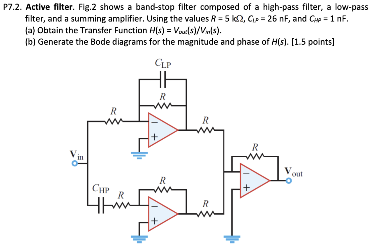 Solved 7.2. Active filter. Fig.2 shows a band-stop filter | Chegg.com