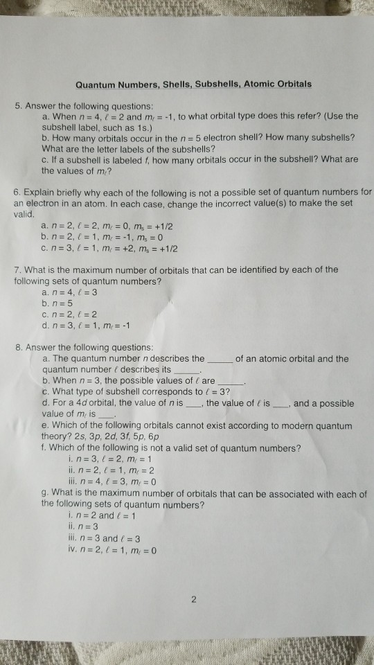 Solved Quantum Numbers, Shells, Subshells, Atomic Orbitals | Chegg.com