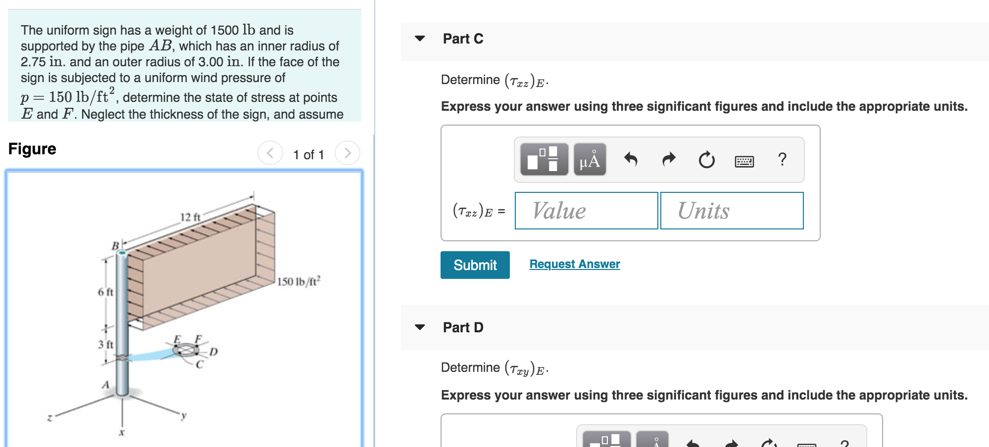 Solved Part C The uniform sign has a weight of 1500 lb and | Chegg.com