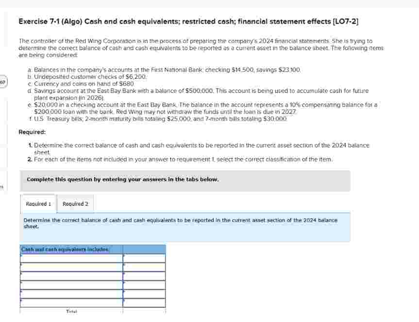 Solved Exercise 7-1 (Algo) ﻿Cash and cash equivalents; | Chegg.com