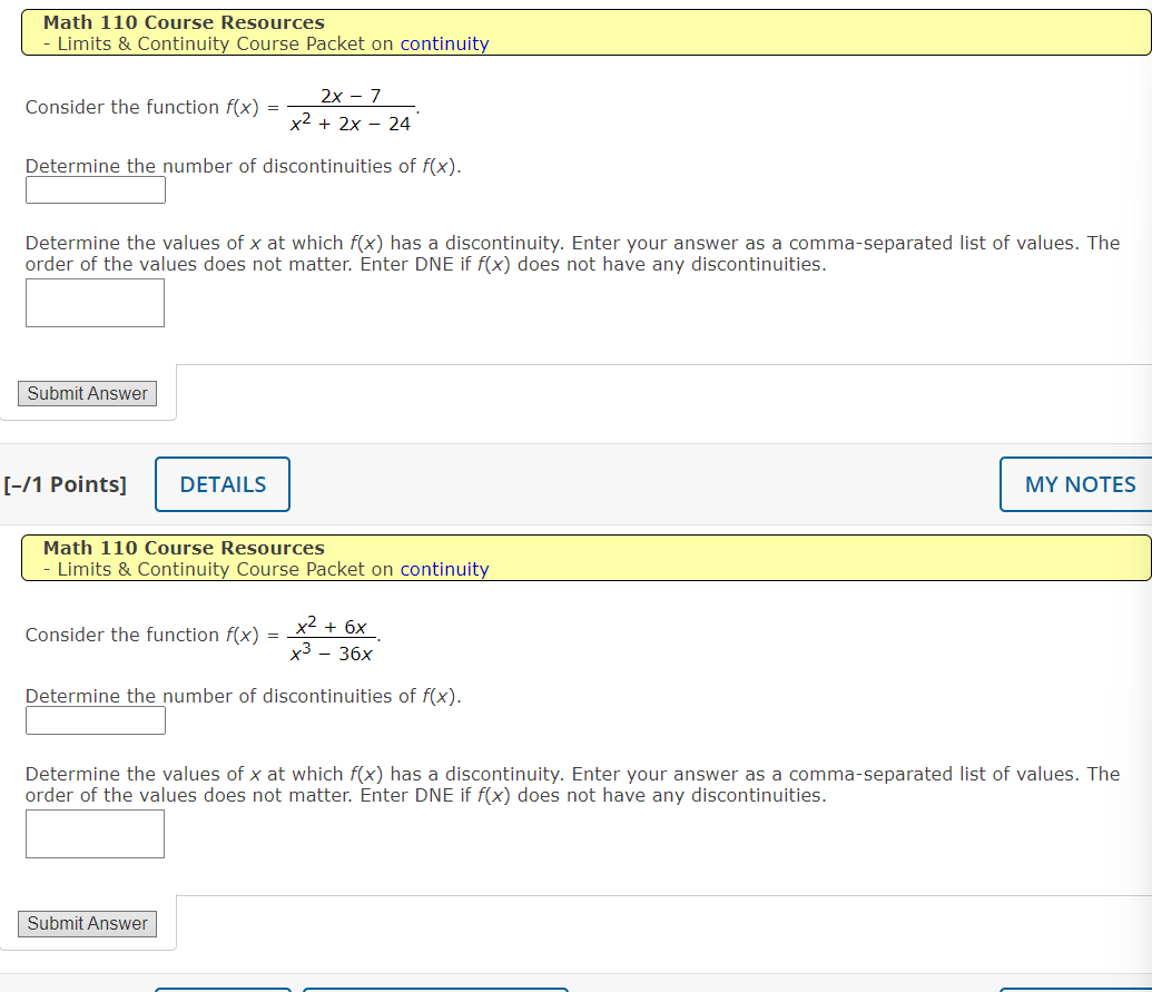 Solved Math 110 Course Resources - Limits \& Continuity | Chegg.com