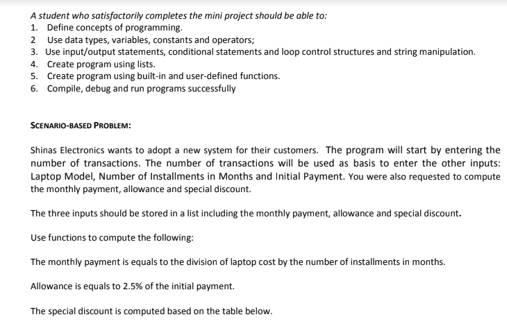 Solved A student who satisfactorily completes the mini | Chegg.com