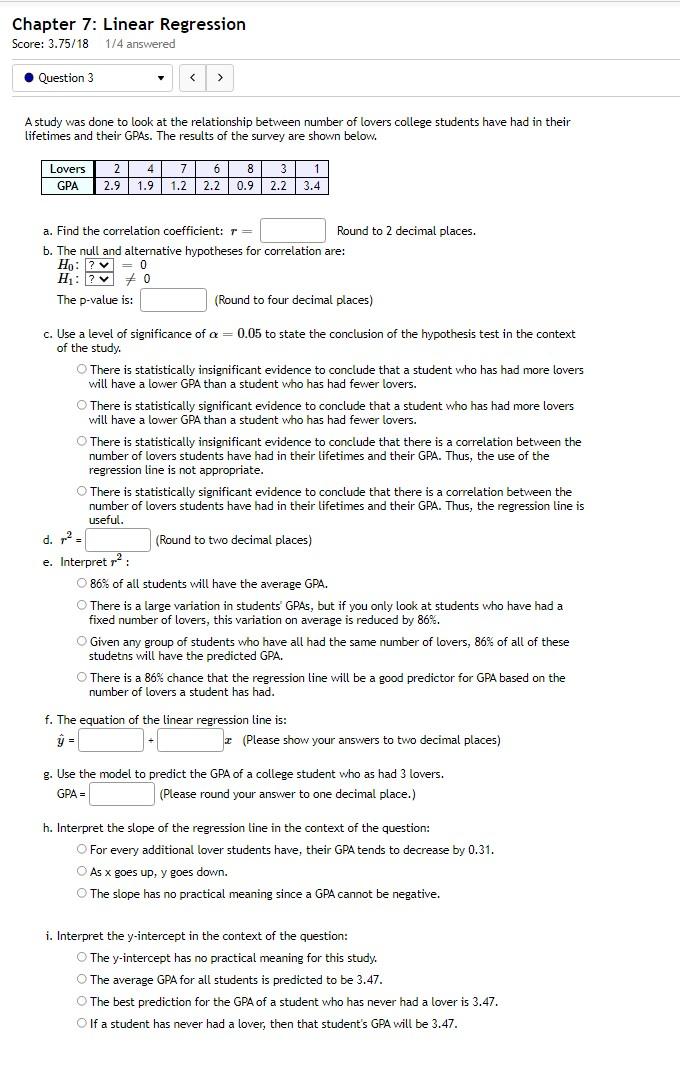 Solved Chapter 7: Linear Regression Score: 3.75/18 1/4 | Chegg.com