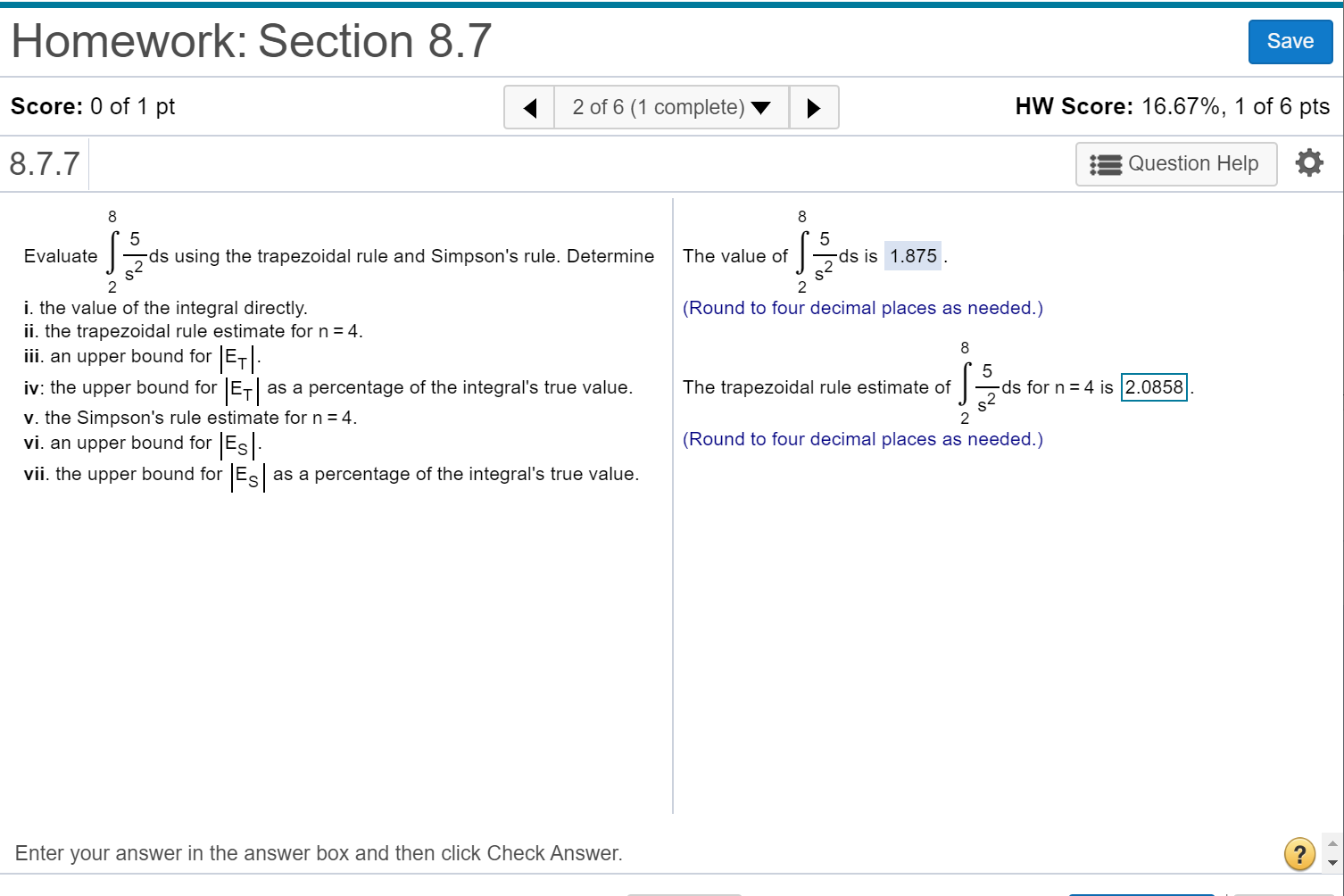 Homework Section 8 7 Save Score 0 Of 1 Pt 2 Of 6 1