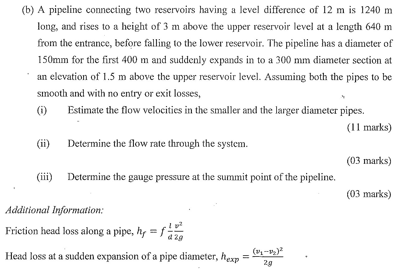 Solved (b) A pipeline connecting two reservoirs having a | Chegg.com