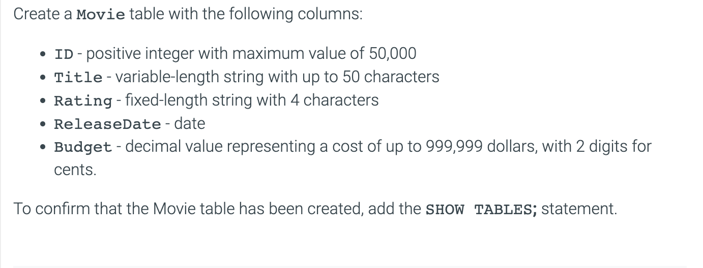 Solved Create a Movie table with the following columns:ID - | Chegg.com