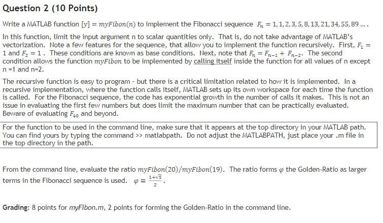 Solved Question 2 (10 Points) Write a MATLAB function [y] = | Chegg.com