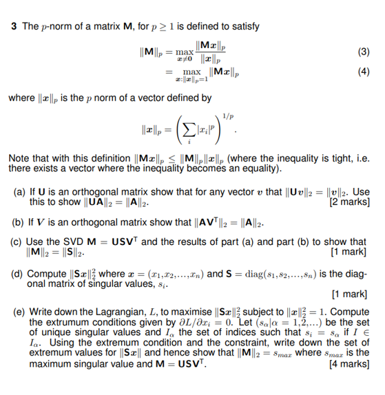 Solved 3 The p-norm of a matrix M, for p≥ 1 is defined to | Chegg.com