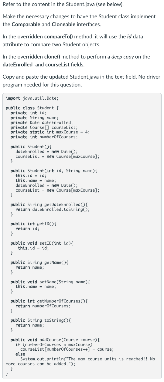 Solved Refer to the content in the Student.java (see below). | Chegg.com
