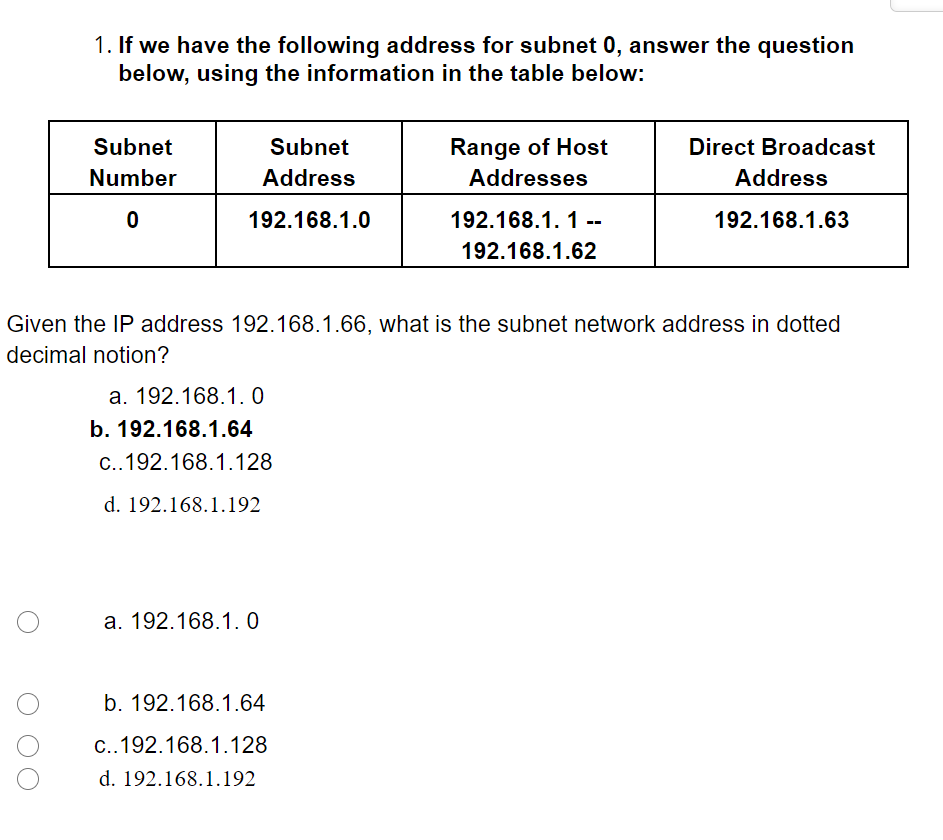 Solved 1. If we have the following address for subnet 0, | Chegg.com