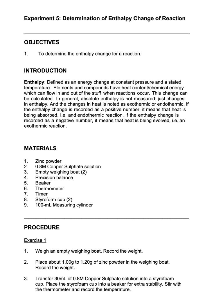 Solved Experiment 5: Determination of Enthalpy Change of | Chegg.com