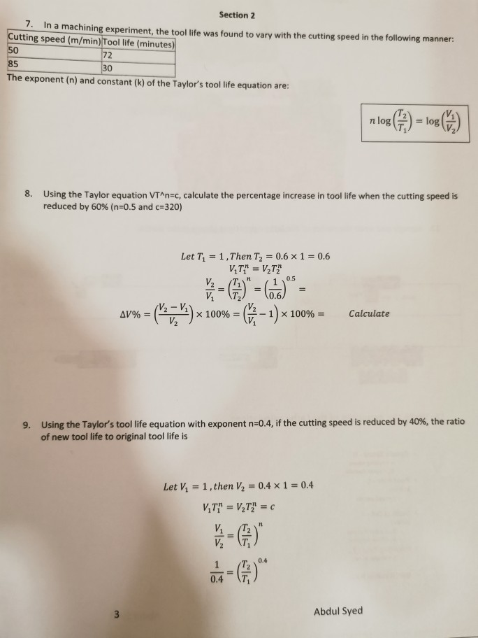 Solved Section 2 7. In a machining experiment, the tool life | Chegg.com