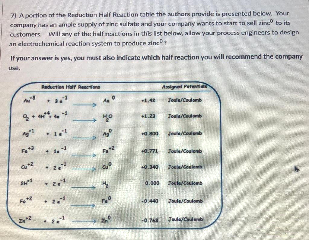 Solved 7) A portion of the Reduction Half Reaction table the | Chegg.com