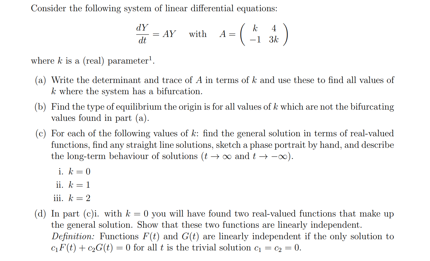 Solved Consider the following system of linear differential | Chegg.com