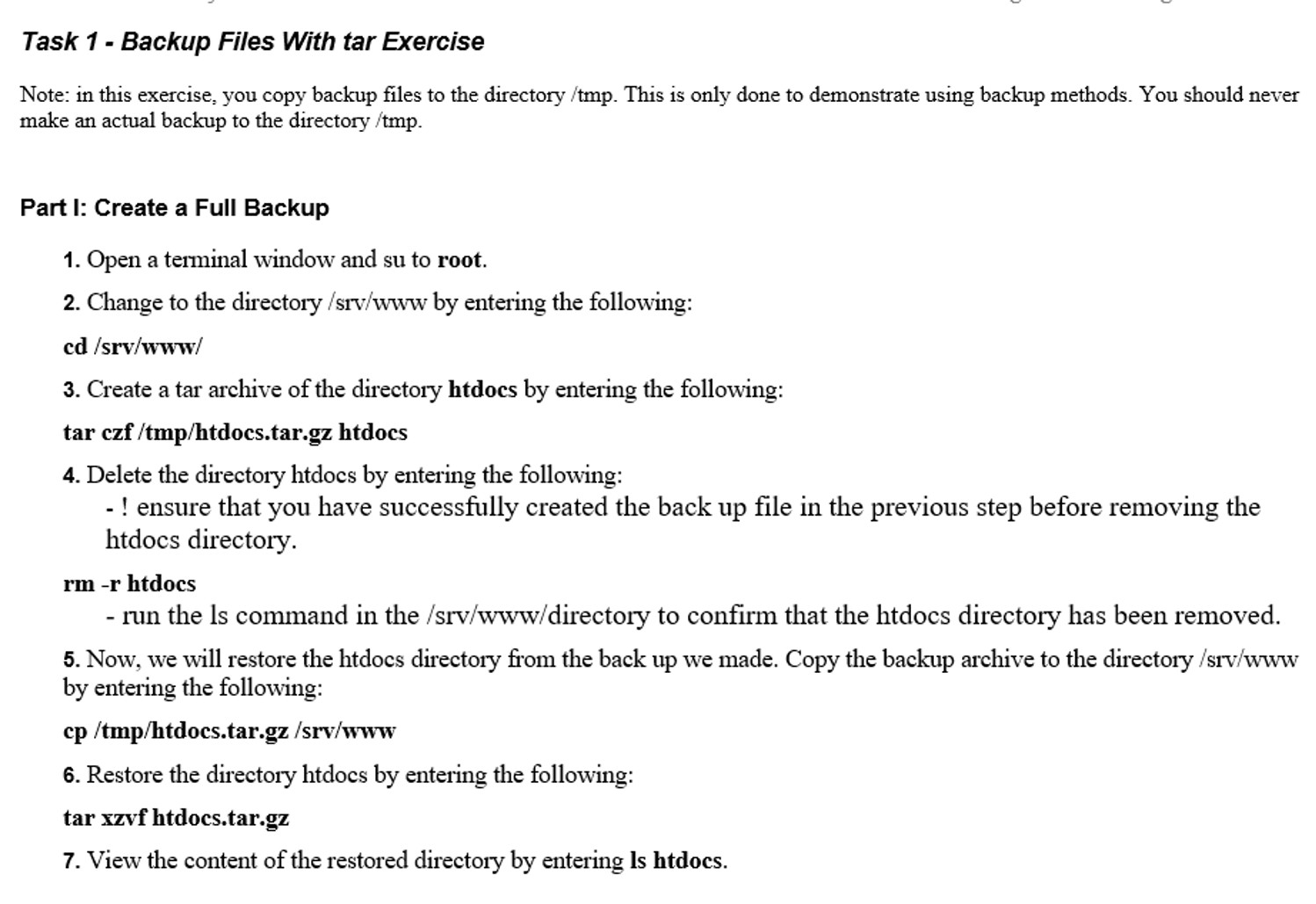 Solved Task 1 - ﻿Backup Files With tar ExerciseNote: in this | Chegg.com