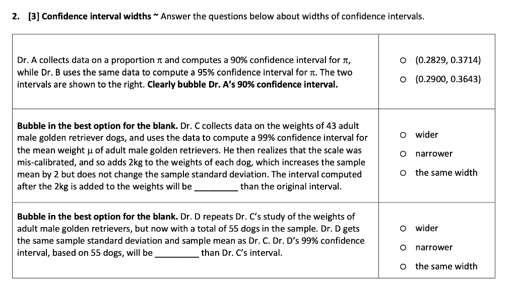 Solved 2. [3] Confidence interval widths ~ Answer the | Chegg.com