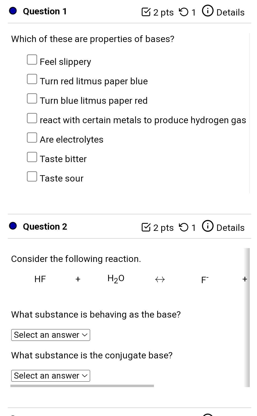 Solved Which of these are properties of bases? Feel slippery | Chegg.com