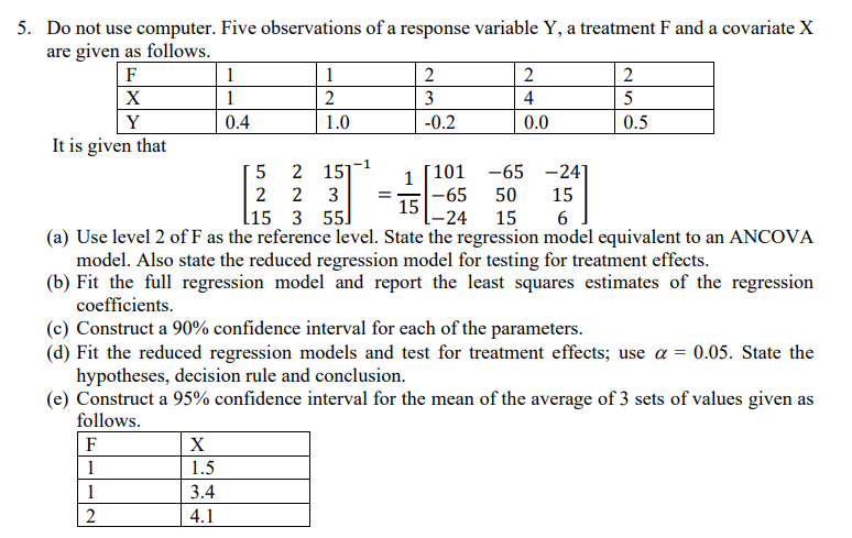 Solved Do not use computer. Five observations of a response | Chegg.com