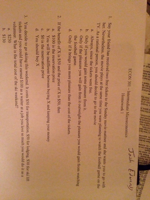 Solved ECON 301-Intermediate Microeconomics Homework 1 1. | Chegg.com Solved ECON 301-Intermediate Microeconomics Homework 1 1. | Chegg.com